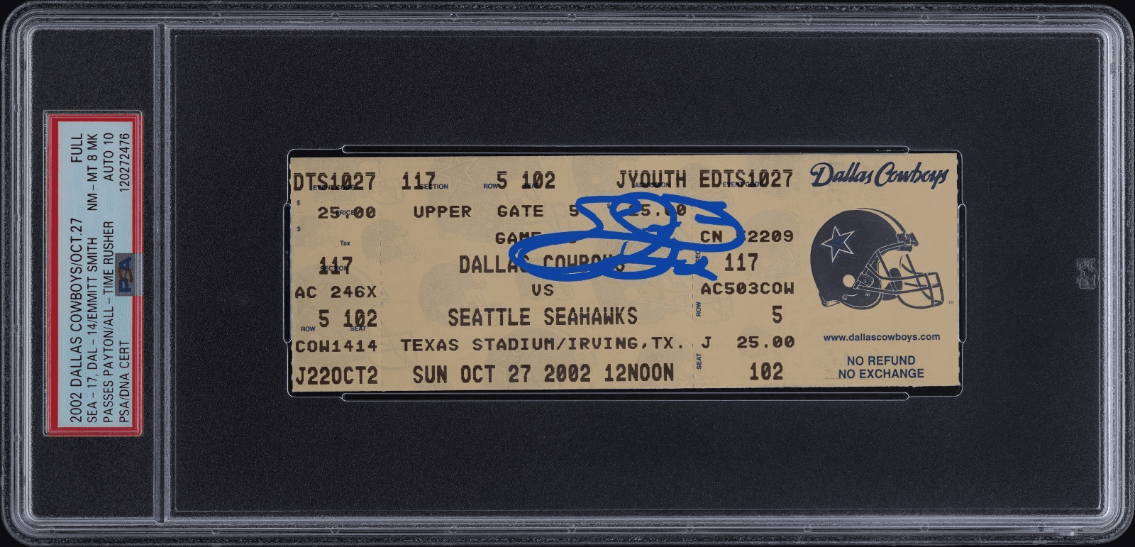 EMMITT SMITH SIGNED C0WBOYS FULL TICKET BECOMES ALL TIME RUSHER PSA NM ...