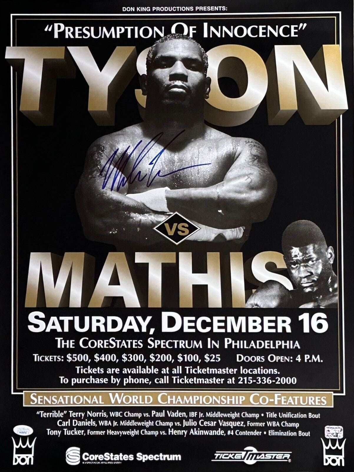 Mike Tyson vs Mathis Signed Original Fight Poster JSA & Tyson Hologram ...