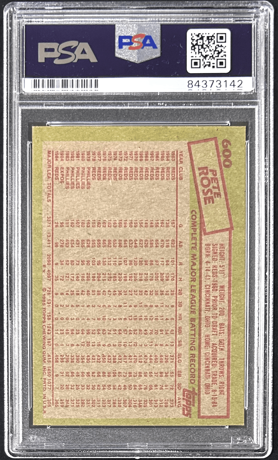 Pete Rose Signed 1985 Topps Card #600 PSA/DNA Cincinnati Reds ...