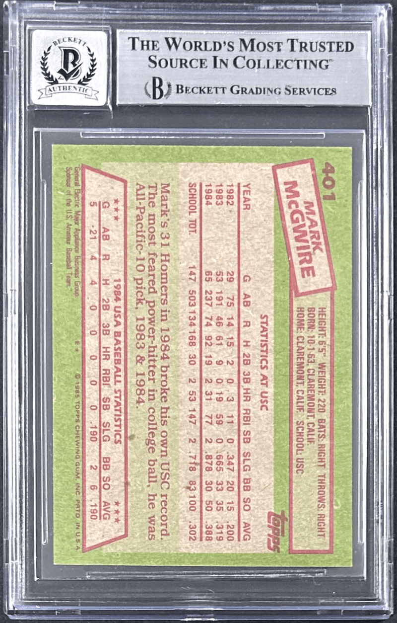 Mark McGwire Signed 1985 Topps Card #401 Beckett 17085596 Auto 10 Team ...