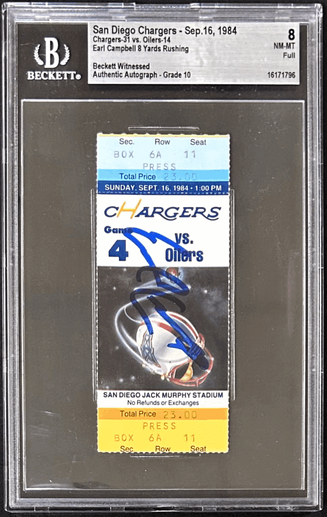EARL CAMPBELL AUTOGRAPHED OILERS VS CHARGERS TICKET STUB BECKETT AUTO ...