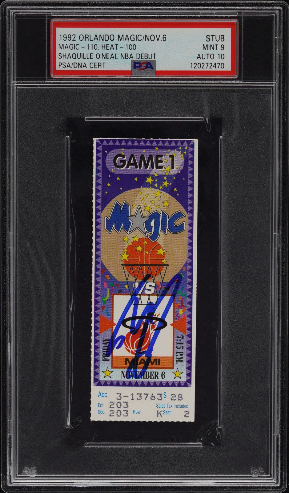 SHAQUILLE SHAQ O'NEAL SIGNED 1992 NBA DEBUT TICKET STUB PSA MINT 9 ...