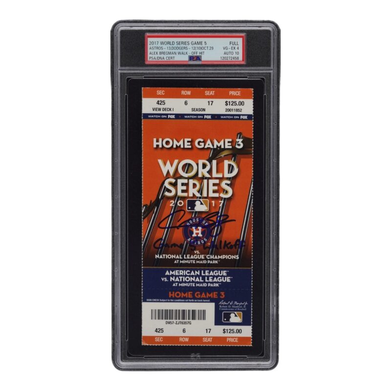 ALEX BREGMAN SIGNED 2017 WORLD SERIES GAME 5 FULL TICKET VG-EX 4 WALK ...